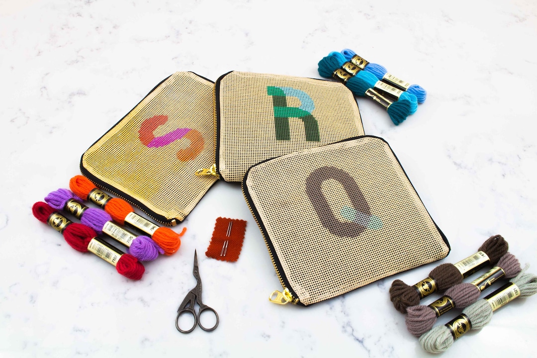Modern Needlepoint Bag Kit Genuine Leather Clutch - Custom Monogram ...
