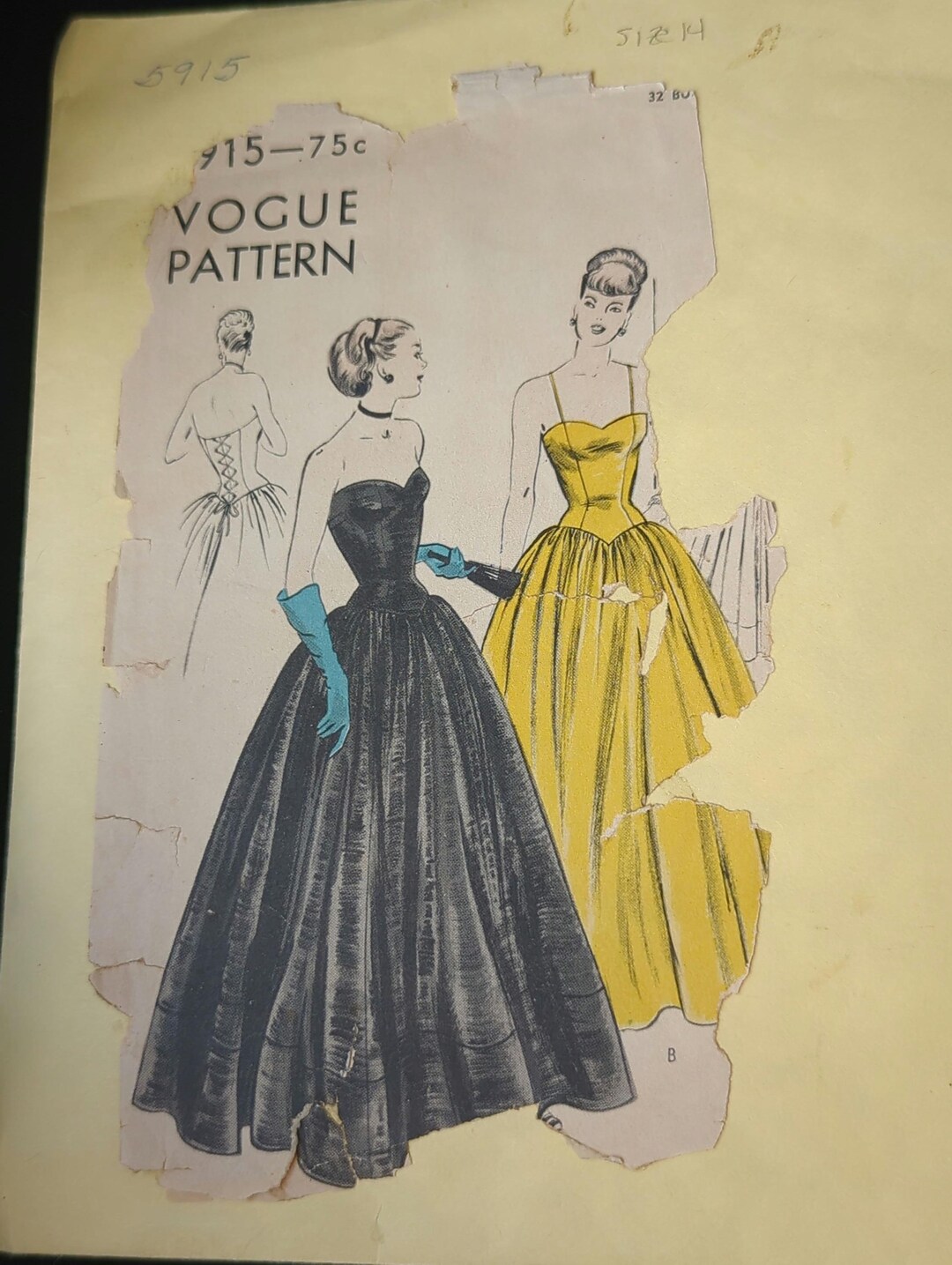 1946 Vogue 5915 Evening Dress Vintage Unprinted Pattern Size 14 Bust 32 ...