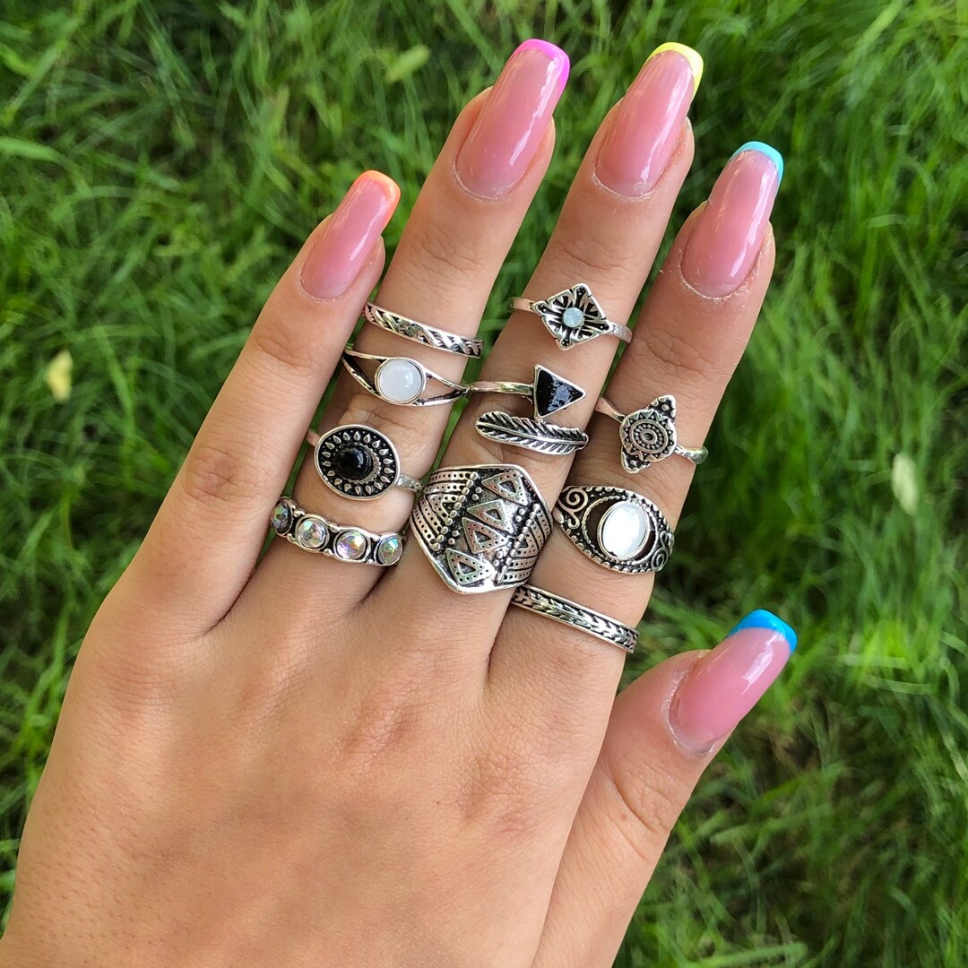 10 Pcs Gothic Ring Set, Hippie Rings, Punk Ring, Vintage Rings for ...