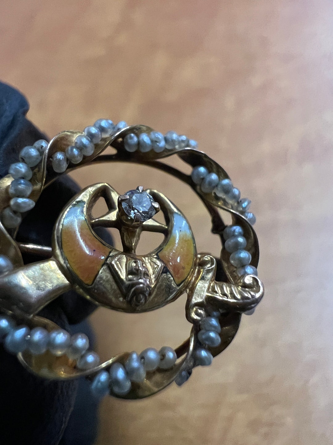 Antique Moolah Shriners' Lady 14K Gold Seed Pearl Diamond Masonic Pin ...