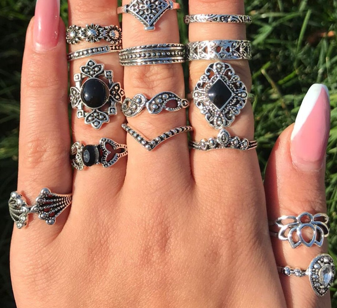 15 Pcs Silver Ring Set, Ring Sets, Gothic Ring Set, Boho Ring Set ...