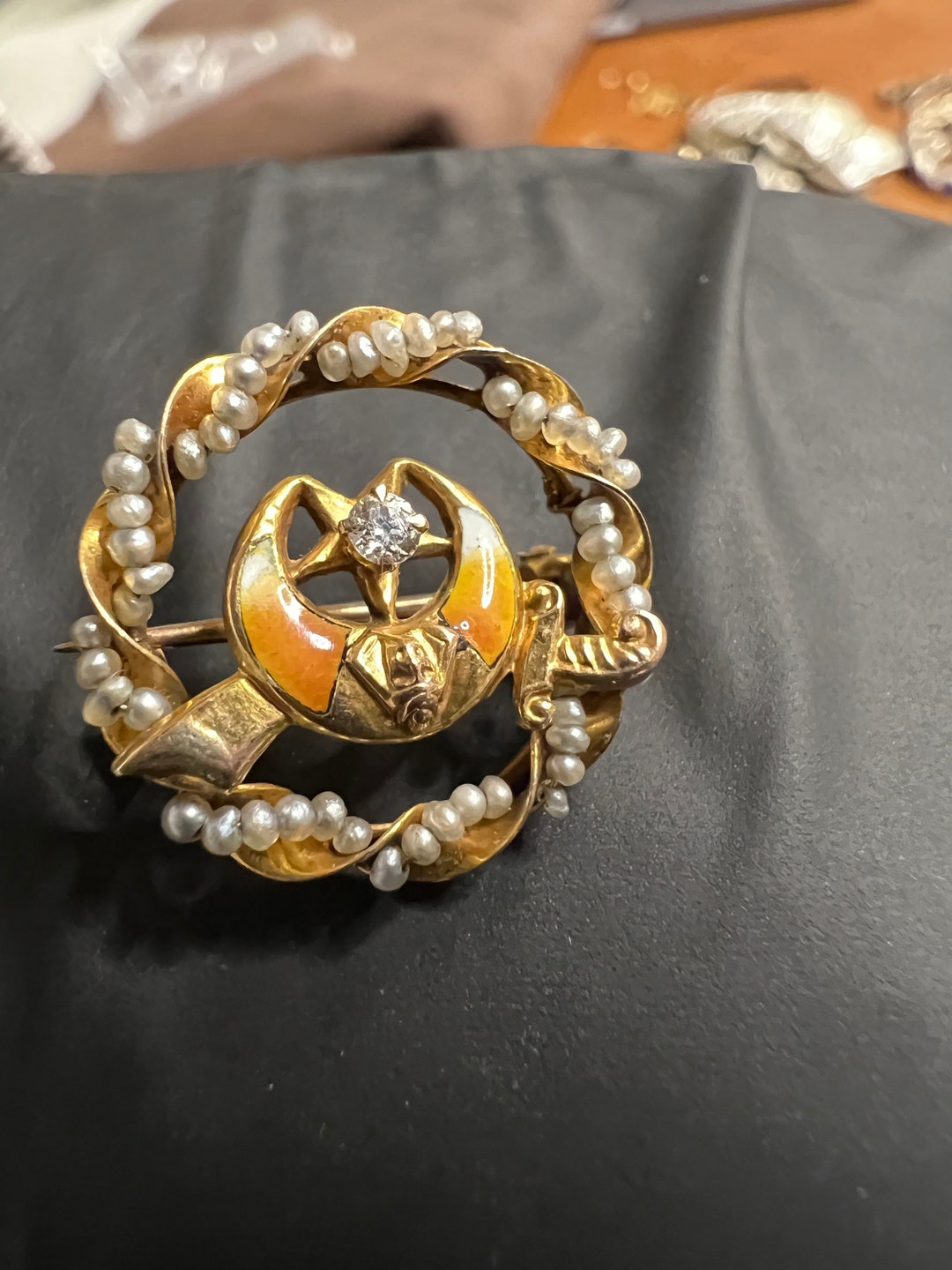 Antique Moolah Shriners' Lady 14K Gold Seed Pearl Diamond Masonic Pin ...