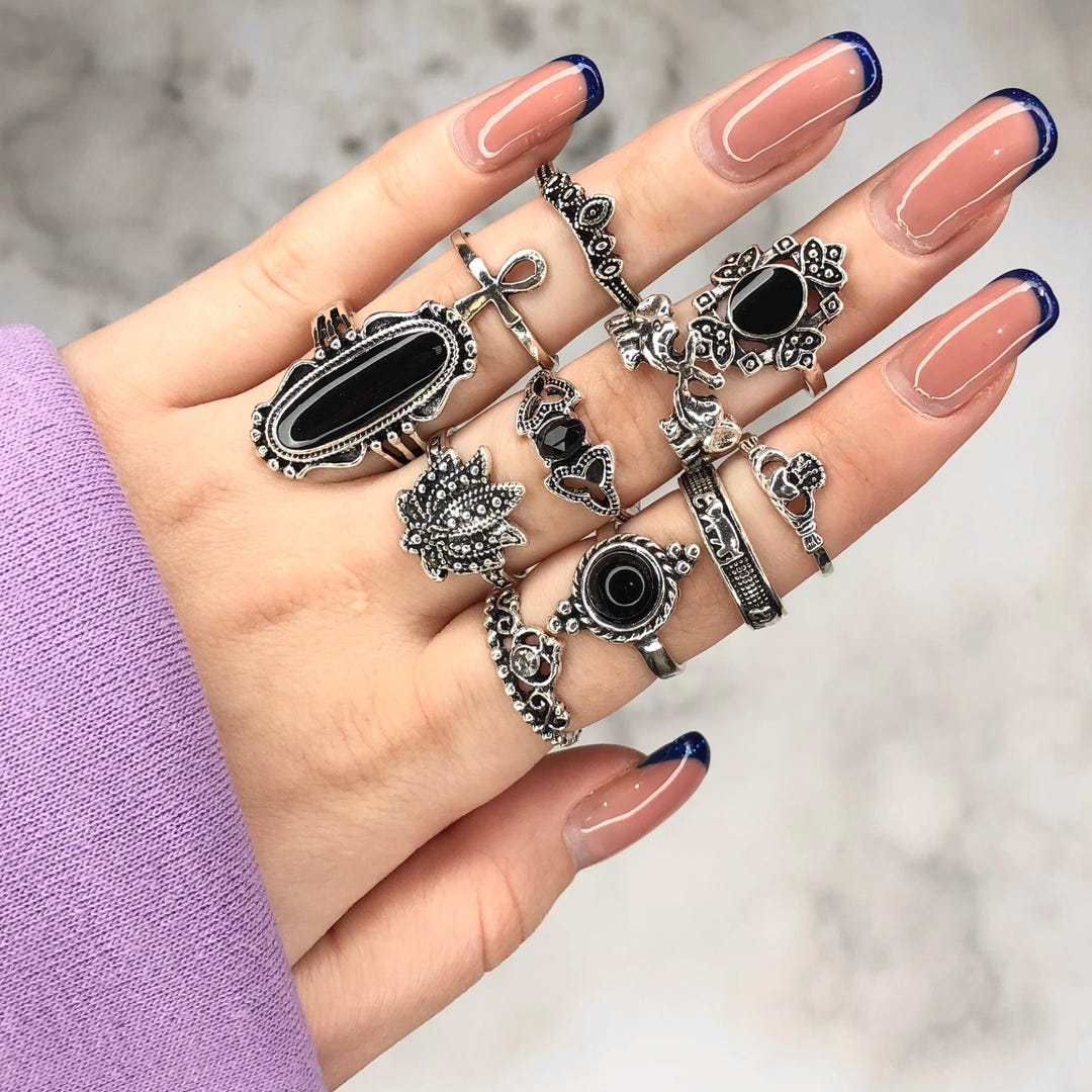 11 Pcs Gothic Ring Set, Rings Set Silver, Black Onyx Ring, Witchy Rings ...