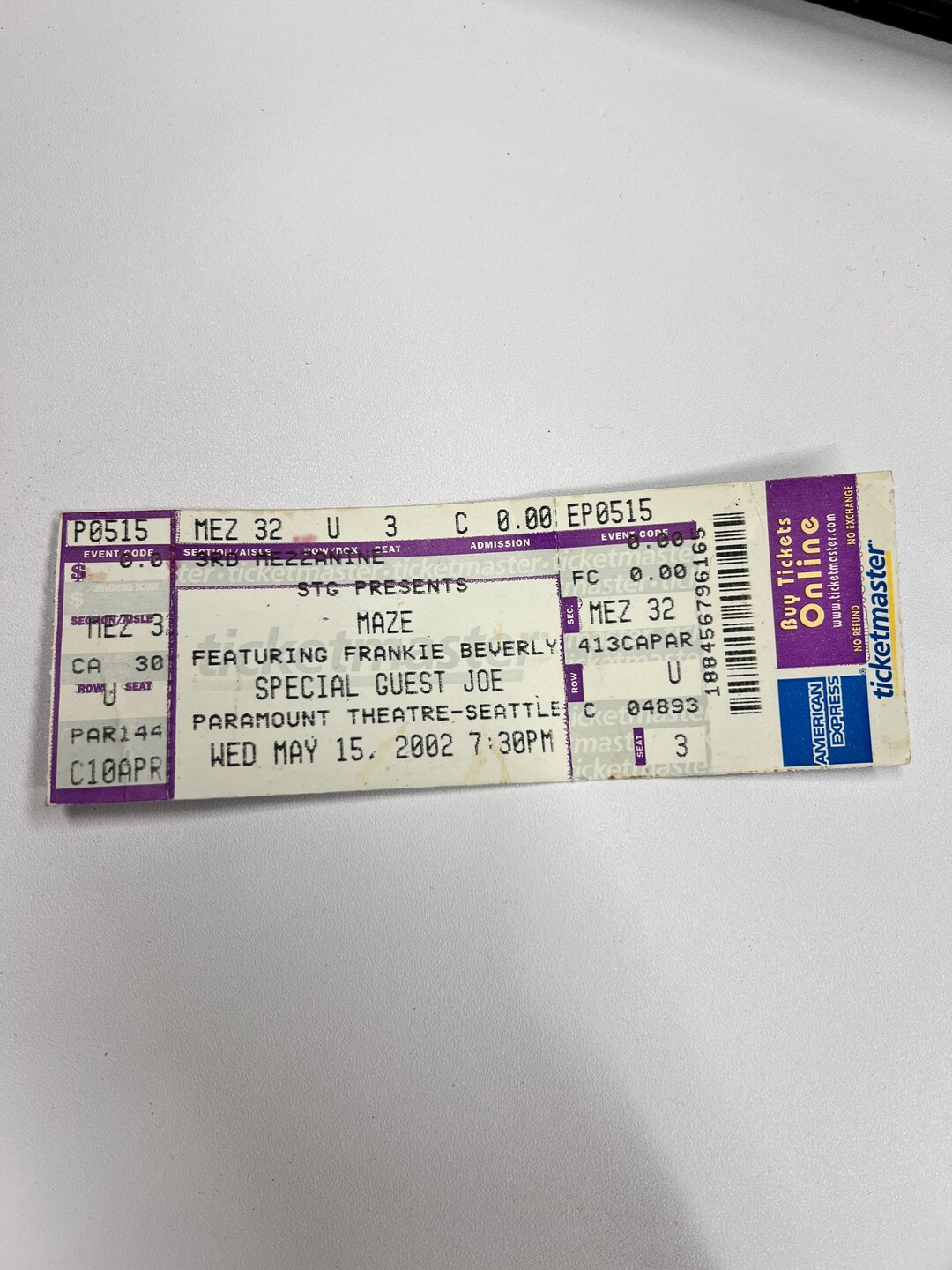 MAZE Ft. Frankie Beverly Ticket Stub May 15, 2002 PARAMOUNT THEATRE ...