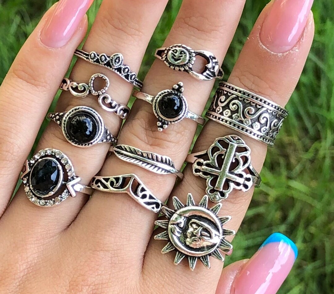 11 Pcs Gothic Ring Set, Knuckle Ring, Silver Ring Set, Rings for Women ...
