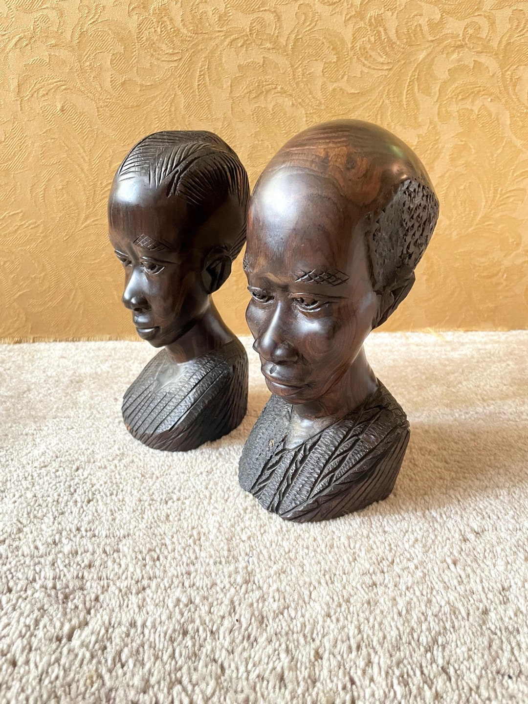 Vintage African Heads Man Woman Figure Sculpture Wooden Handmade ...
