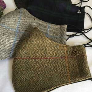100% Wool Tweed Face Covering Mask Wide or Tapered Style & Ear or Head ...