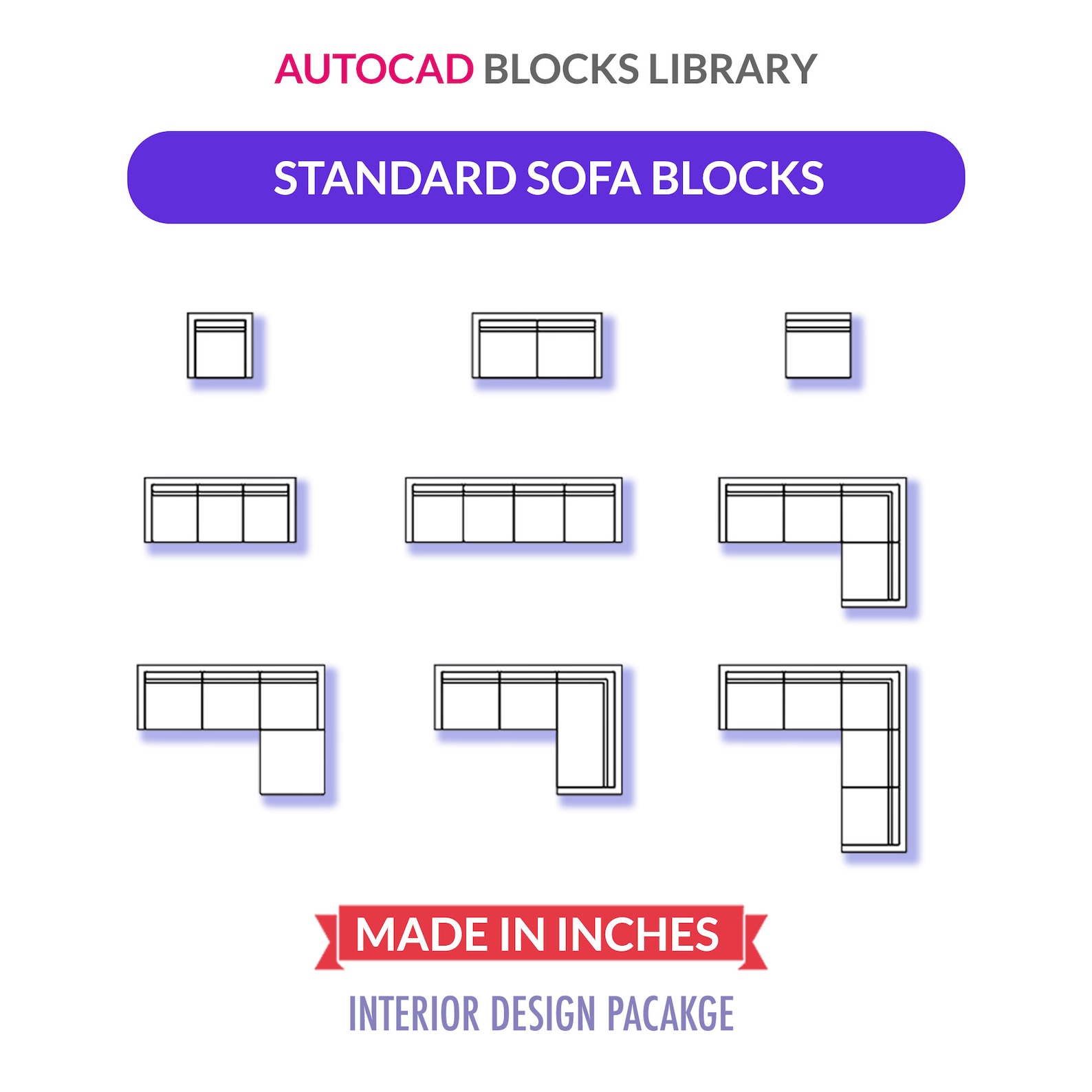 Autocad 2D Blocks | Standard Sofa Blocks | Plan View - Etsy