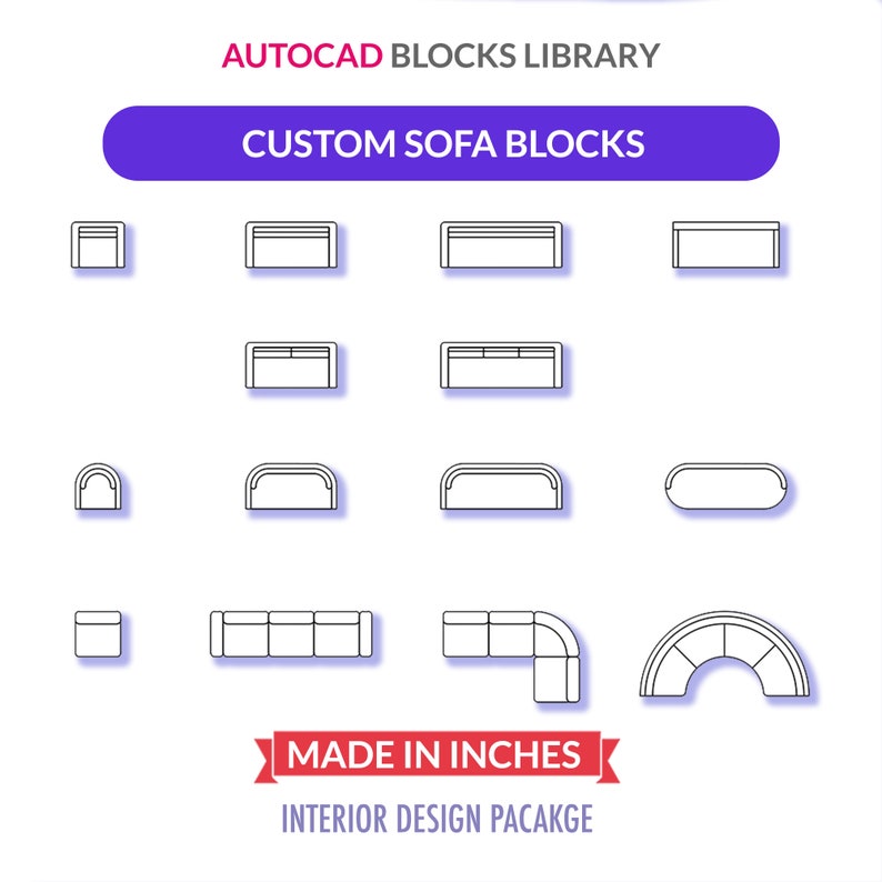 Autocad 2D Blocks | Custom Sofa Blocks | Plan View - Etsy