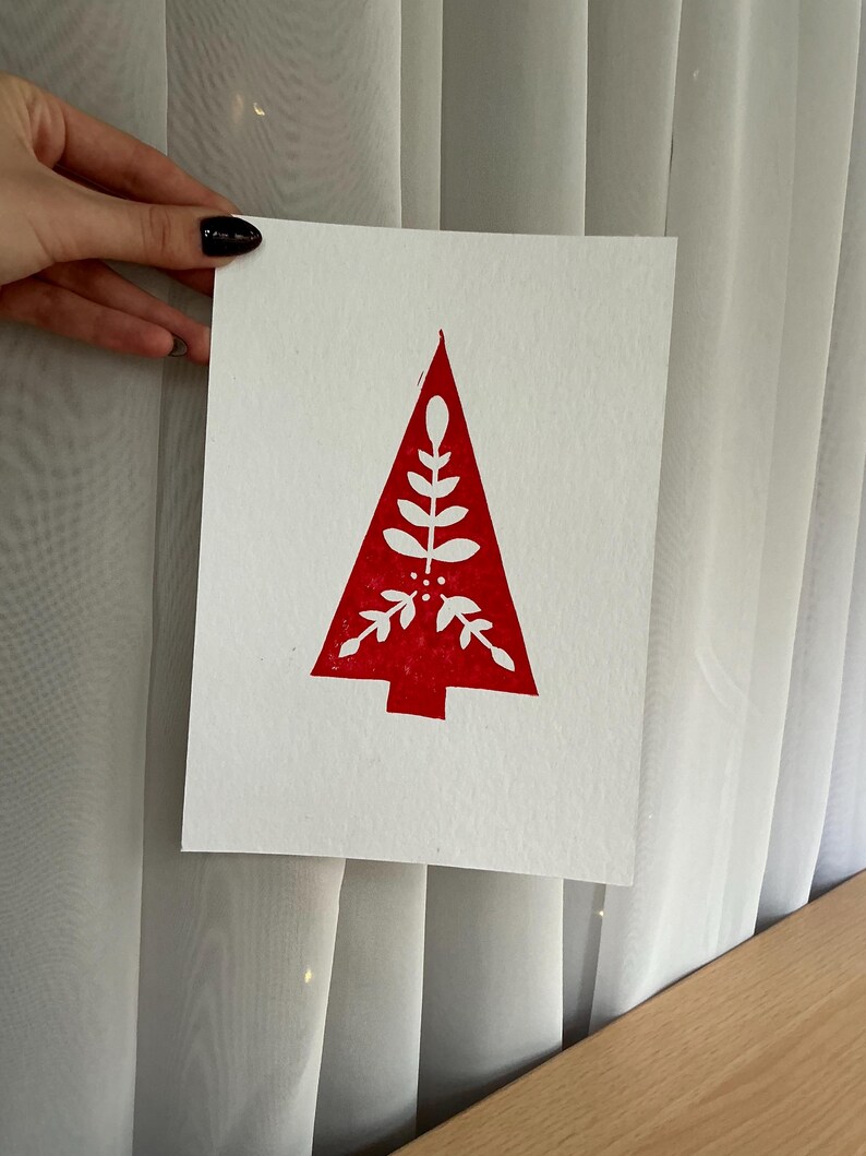 Handmade Linocut Christmas Tree Print: Festive Winter Decor (A5) - Etsy