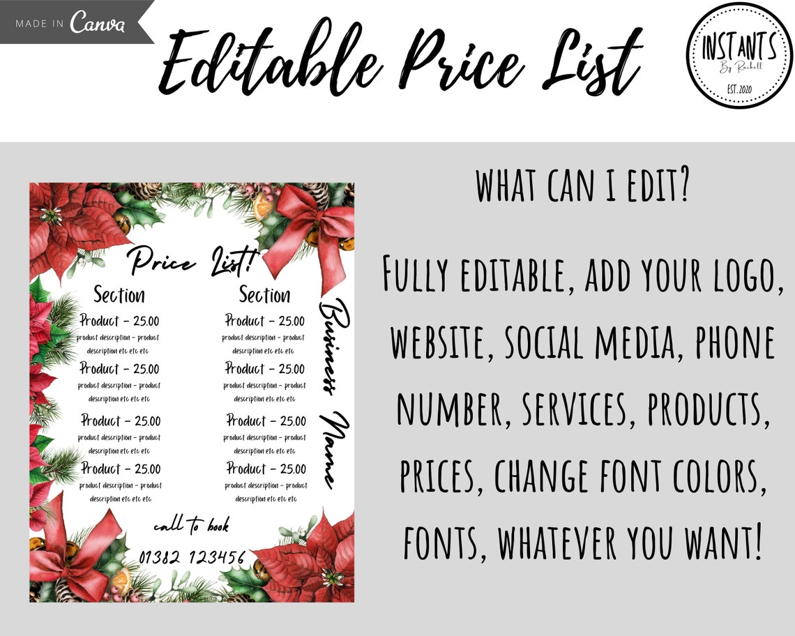 Price List Template Christmas Price List Price List Design | Etsy