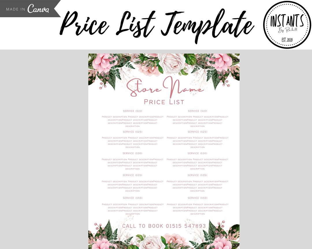 Printable Price List, Canva Price Template, Salon Price List Template ...