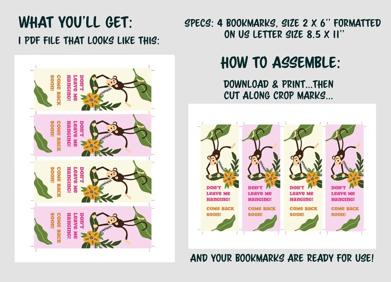 Monkey Bookmarks, Monkey Printable Bookmarks, Digital Bookmark, Jungle ...