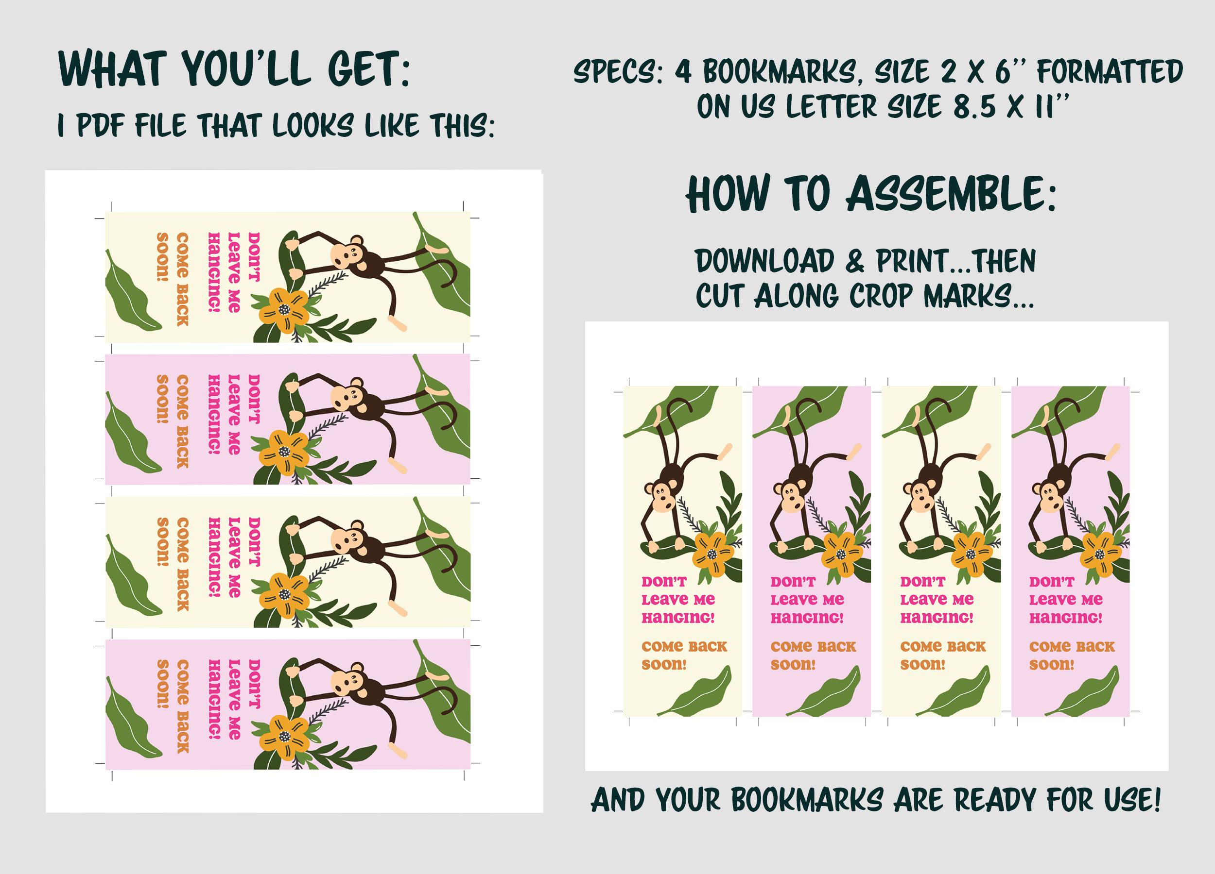 Monkey Bookmarks, Monkey Printable Bookmarks, Digital Bookmark, Jungle ...