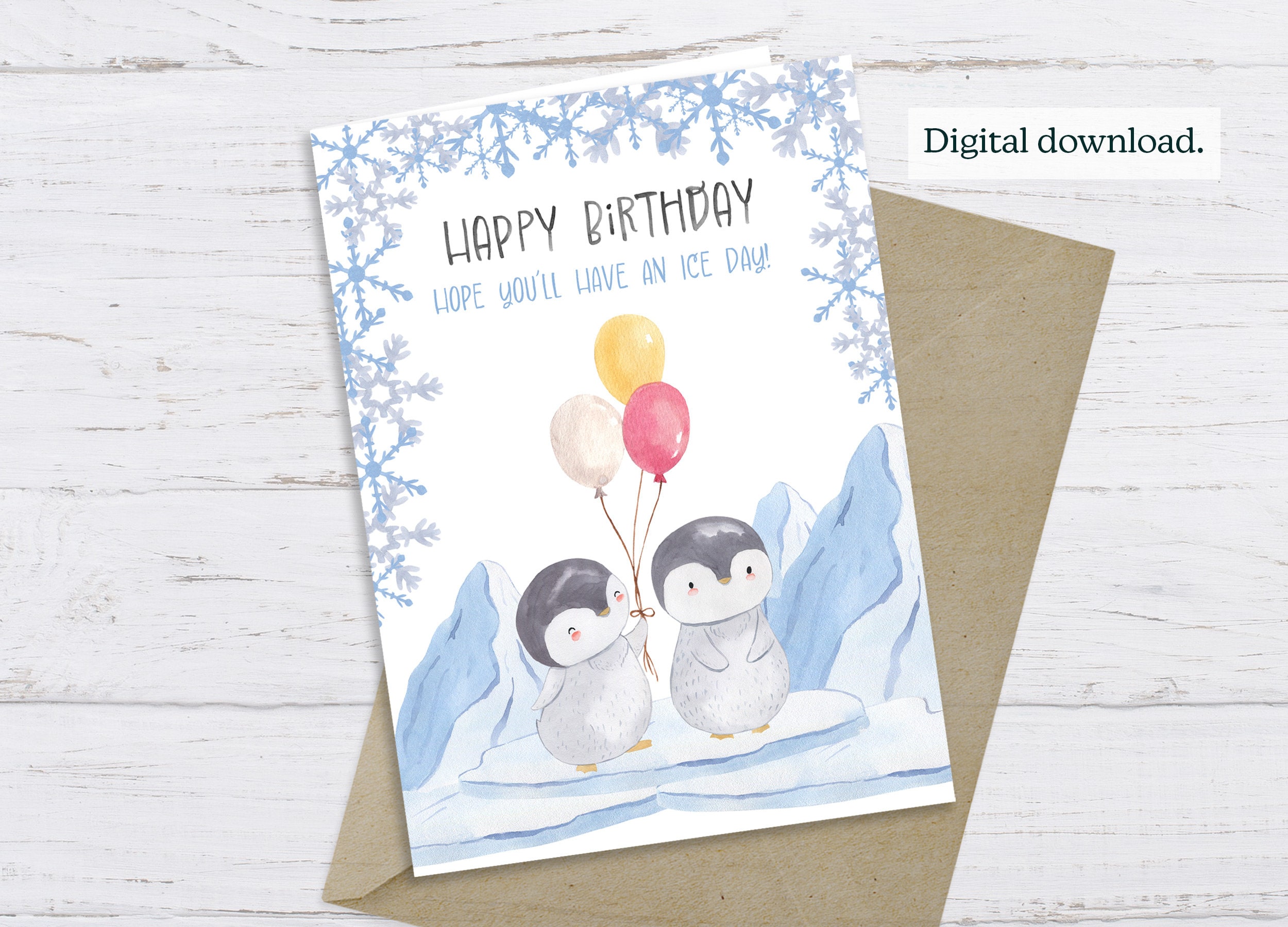 Penguin Birthday Card, Penguin Birthday Card Printable, Digital Penguin ...