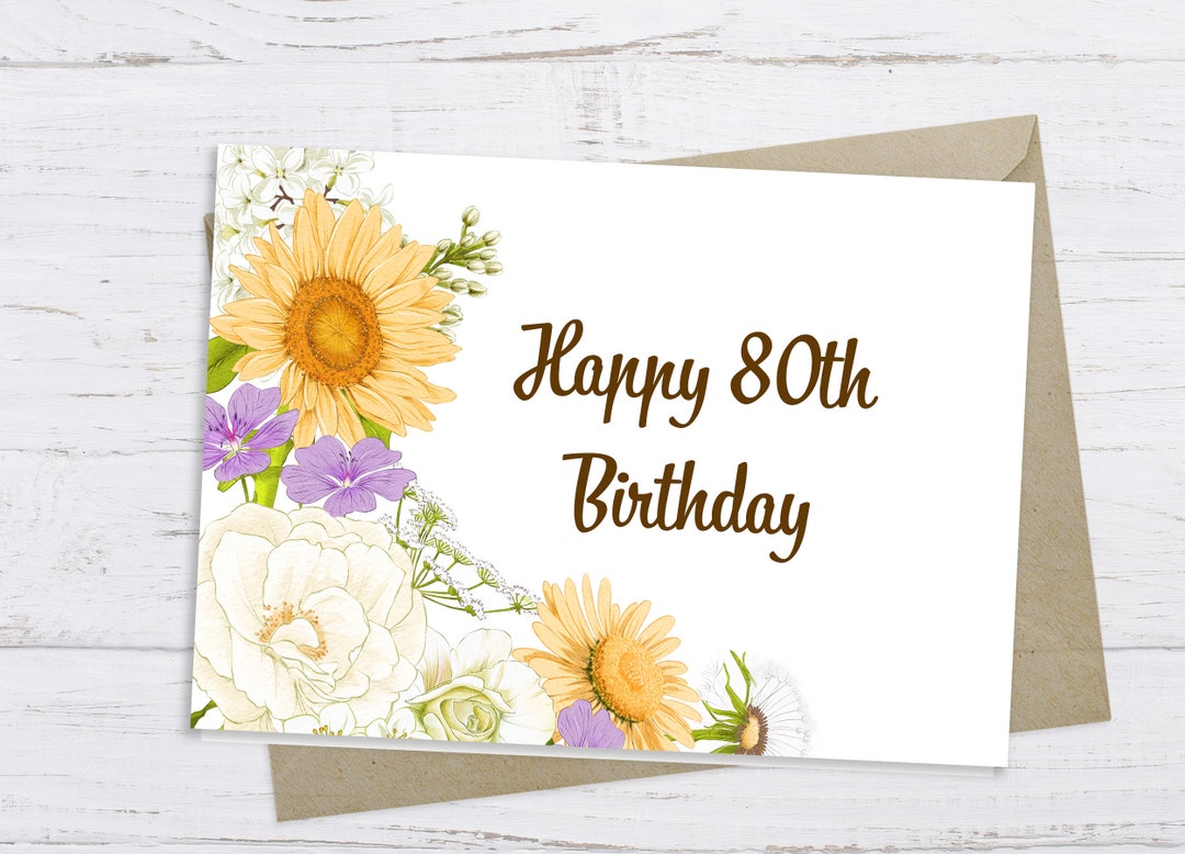 80th Birthday Card, 80th Birthday Card Printable, Floral 80th Birthday ...