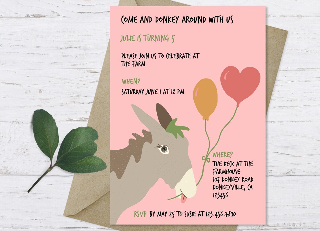 Donkey Invitation, Donkey Birthday Invitation, Printable Donkey ...