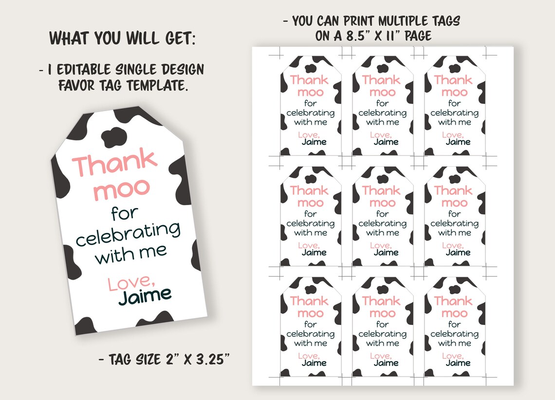 Cow Print Gift Tag, Cow Print Favor Tag, Cow Thank You Tag, Thank Moo ...