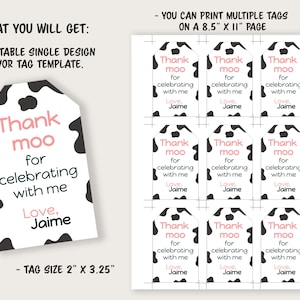 Cow Print Gift Tag, Cow Print Favor Tag, Cow Thank You Tag, Thank Moo ...