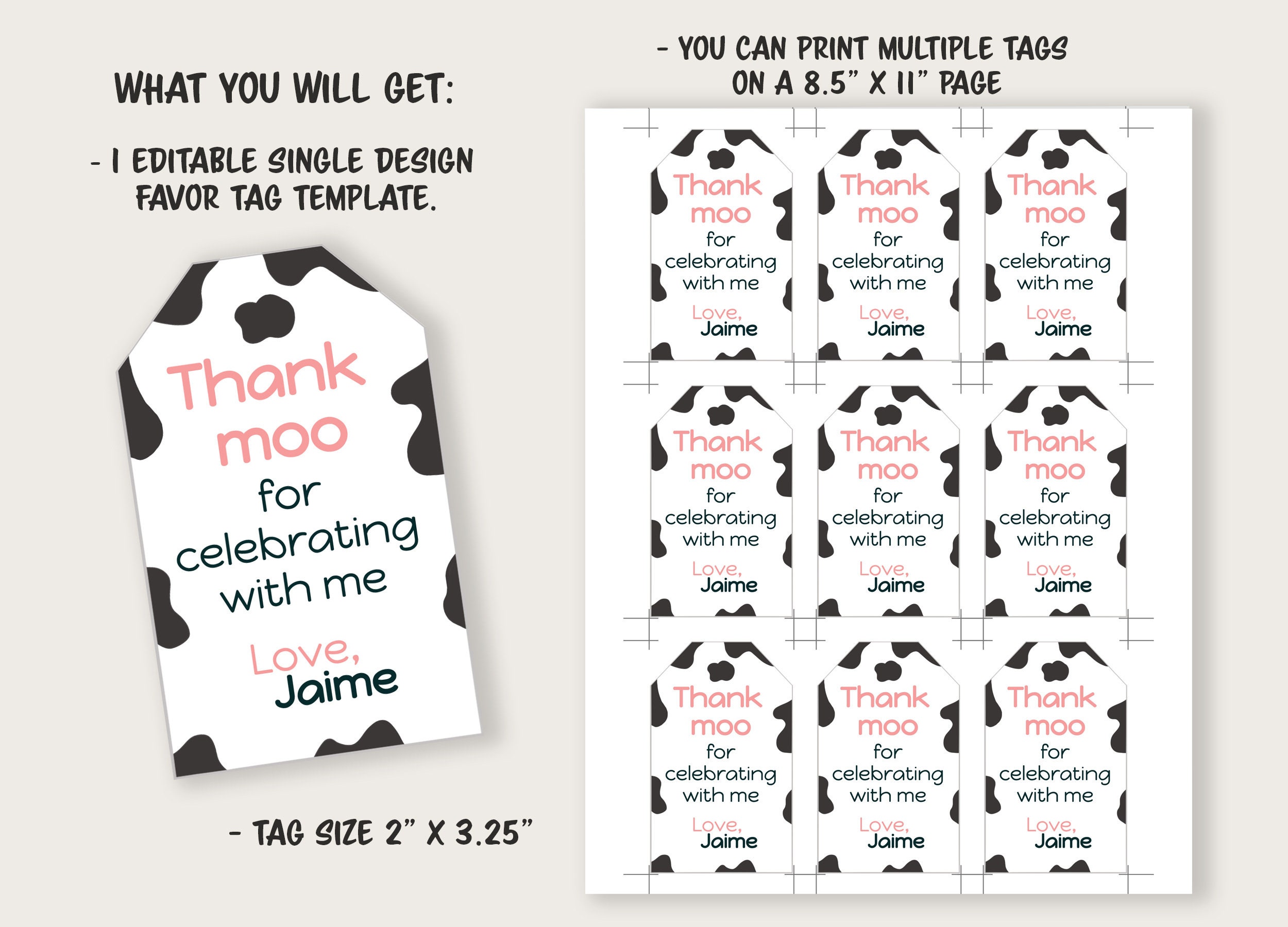 Cow Print Gift Tag, Cow Print Favor Tag, Cow Thank You Tag, Thank Moo ...