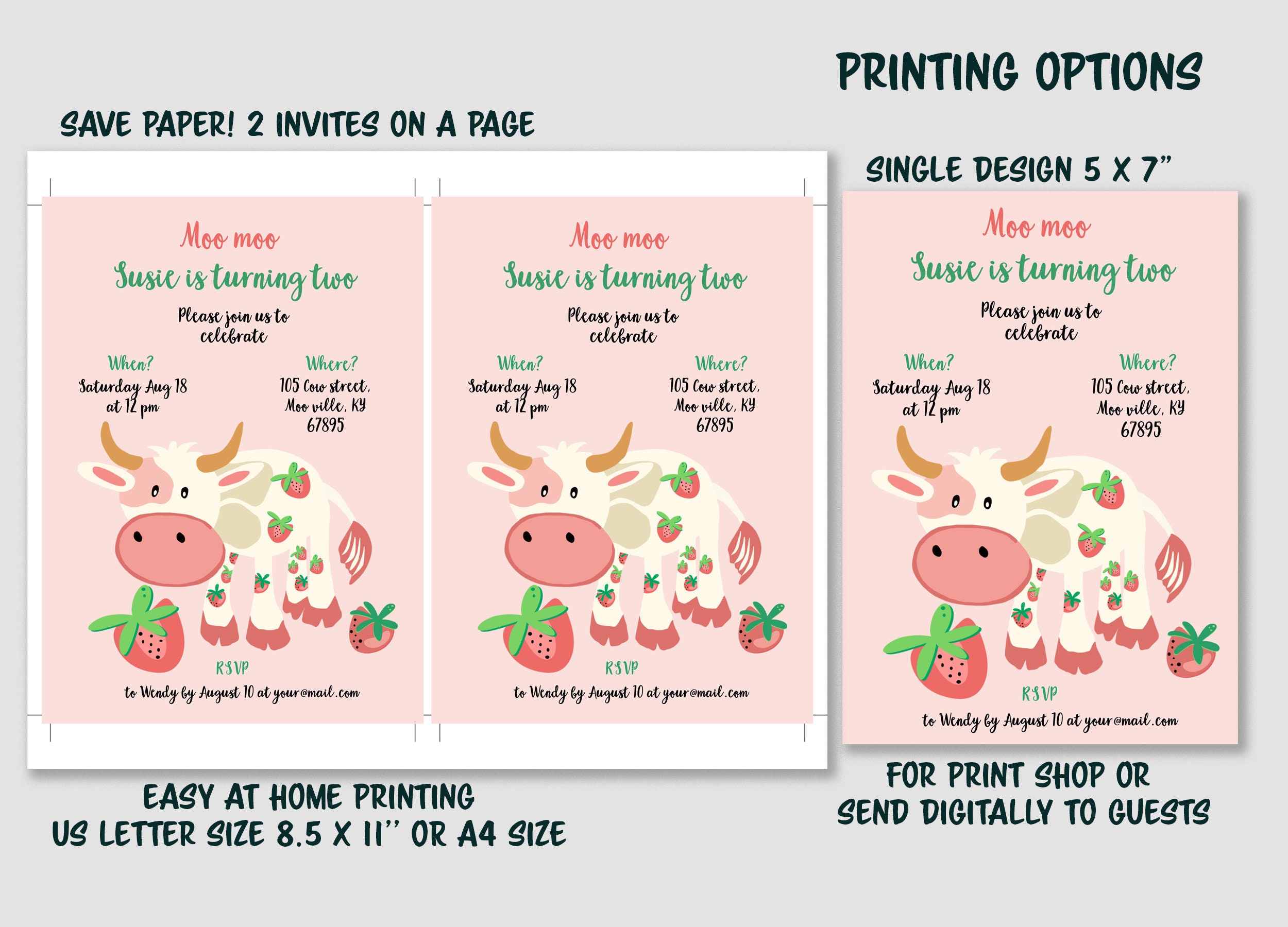 Strawberry Cow Invitation, Strawberry Cow Birthday Invitation, Cow ...