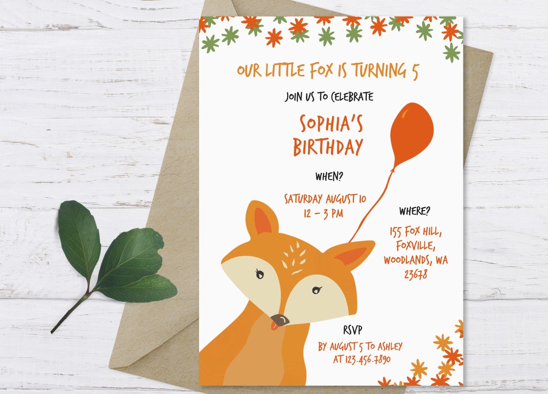 Fox Invitation, Fox Birthday Invitation, Woodland Fox Invitation - Etsy