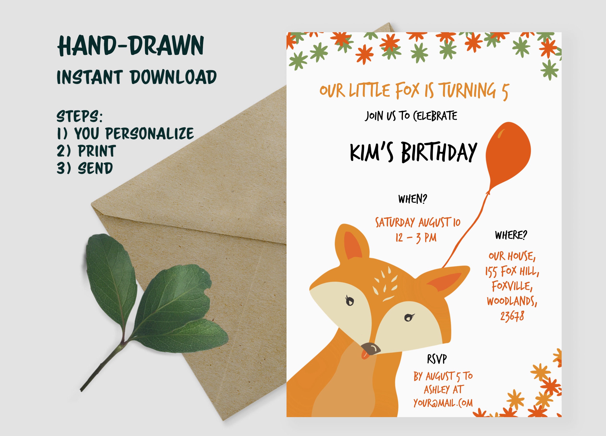 Fox Invitation Fox Birthday Invitation Woodland Fox | Etsy