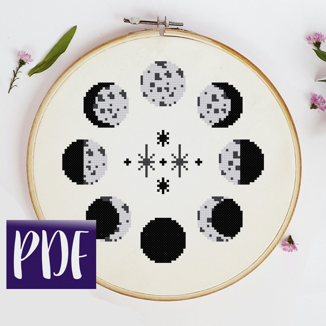 Moon Cross Stitch Lunar Phases Crescent Moon Celestial - Etsy