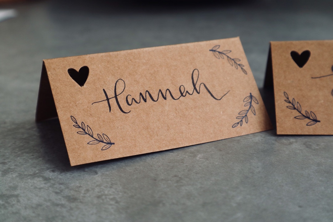 Rustic Kraft Wedding Place Cards: Handwritten Calligraphy, Heart Detail ...