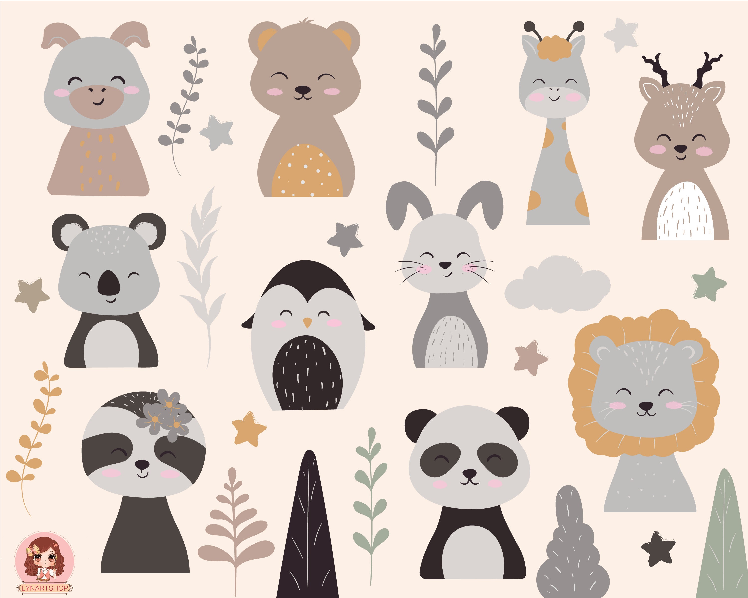 Scandinavian Clipart, Nursery Animals Clip Art, Minimal and Simple ...