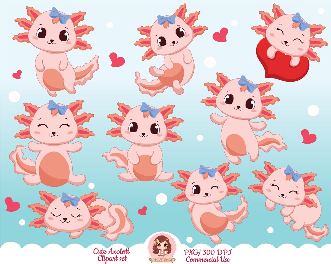 Axolotl Clipart, Cute Kawaii Axolotl Set, Cartoon, Vector, Chibi, Cute ...
