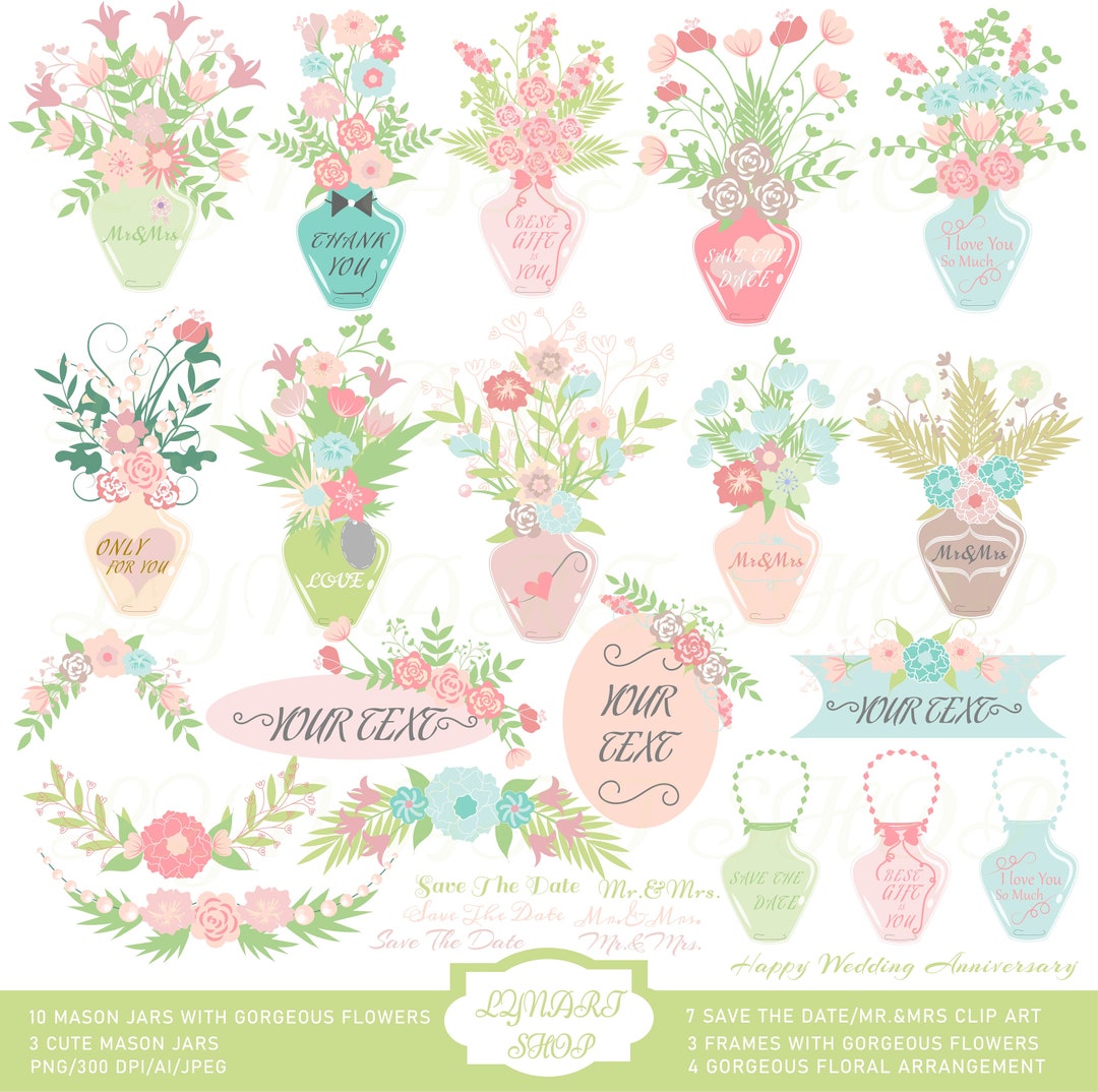 Shabby Chic Mason Jars Clip Art/wedding Mason Jar Clip Art/mason Jars ...