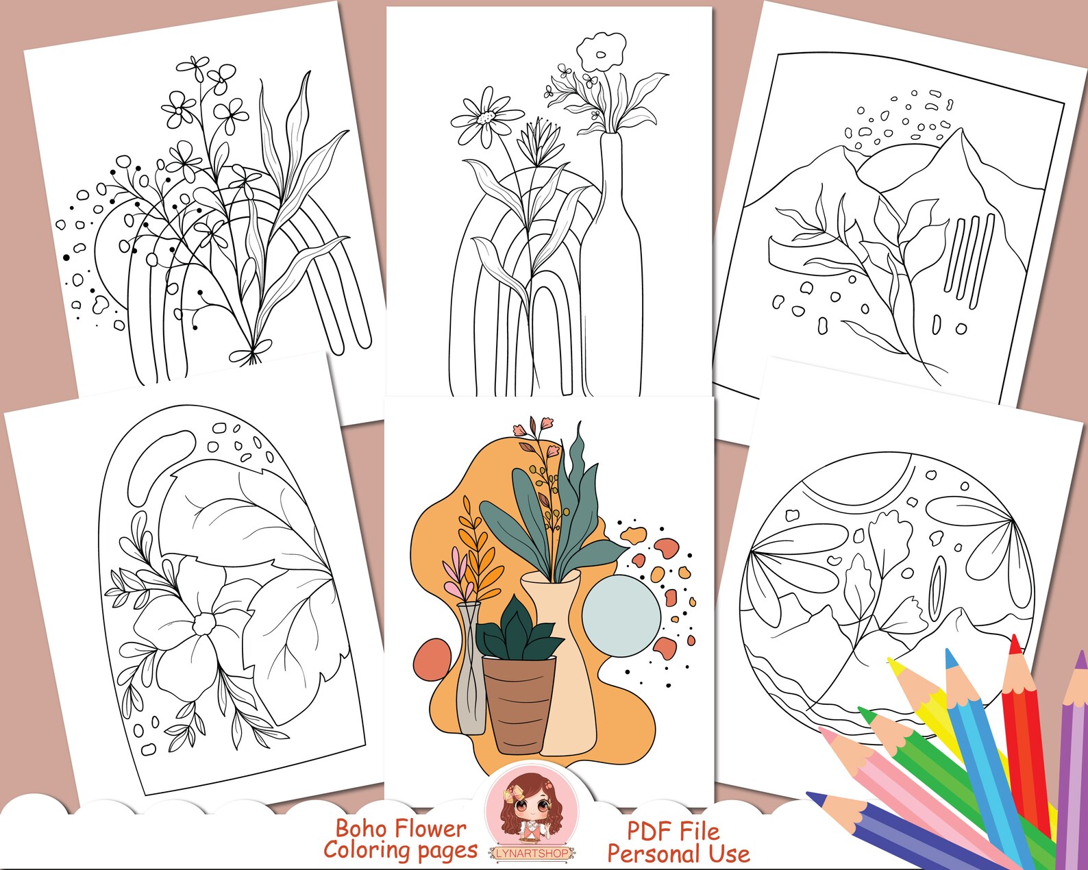 Boho Flower Coloring Pages, Simple Flower Coloring Book, Bohemian ...