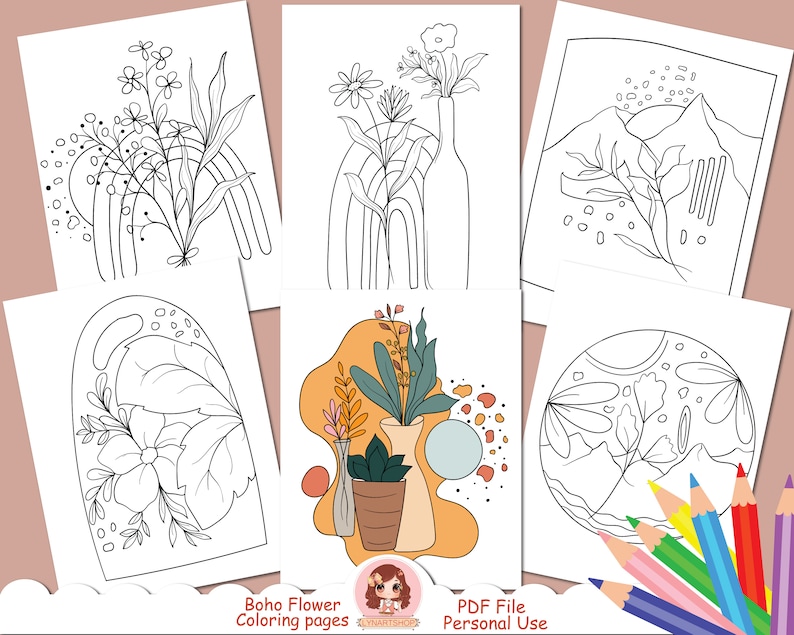 Boho Flower Coloring Pages, Simple Flower Coloring Book, Bohemian ...