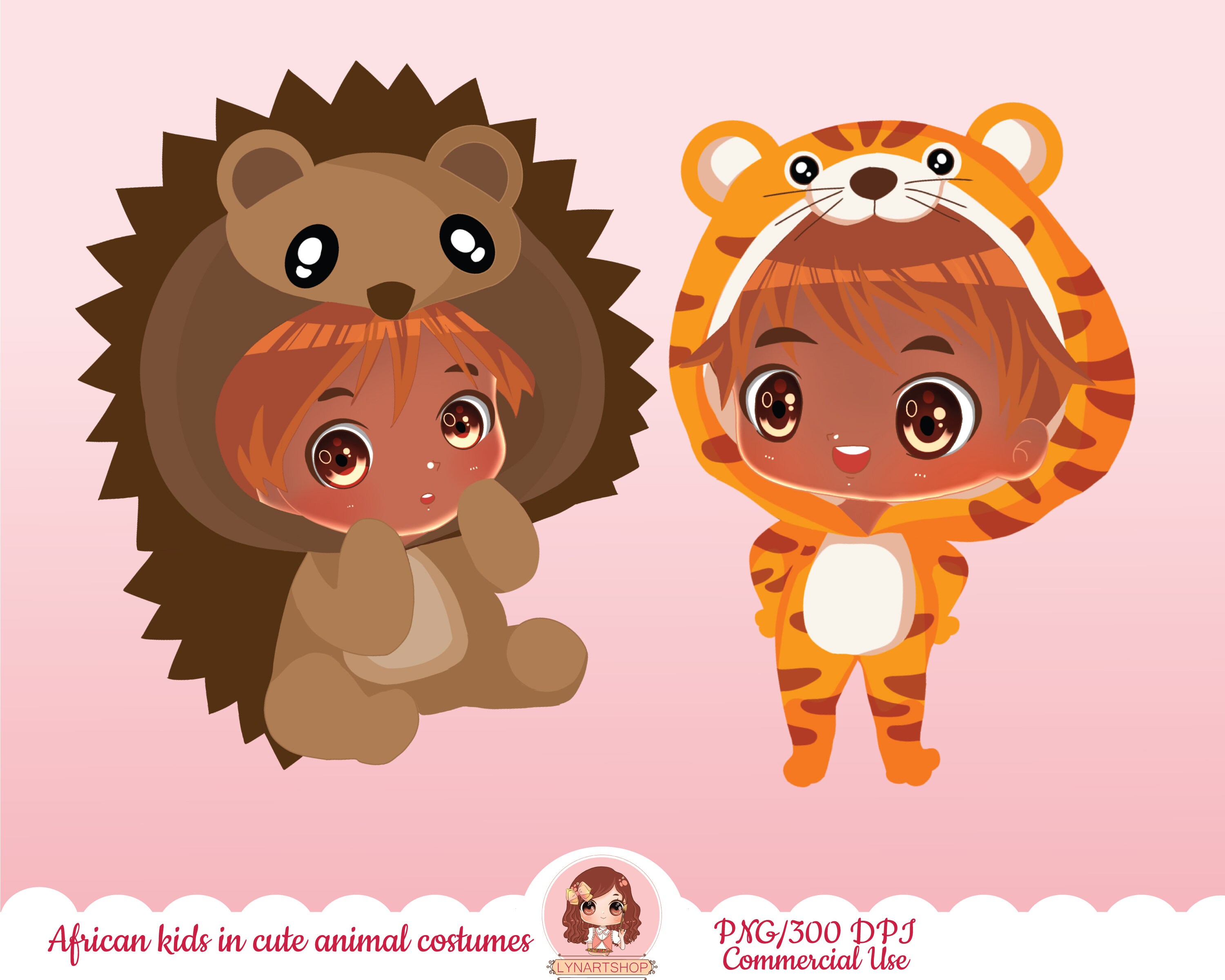 African Boy in Cute Animal Costume Clipart, Cute Chibi Kids With ...