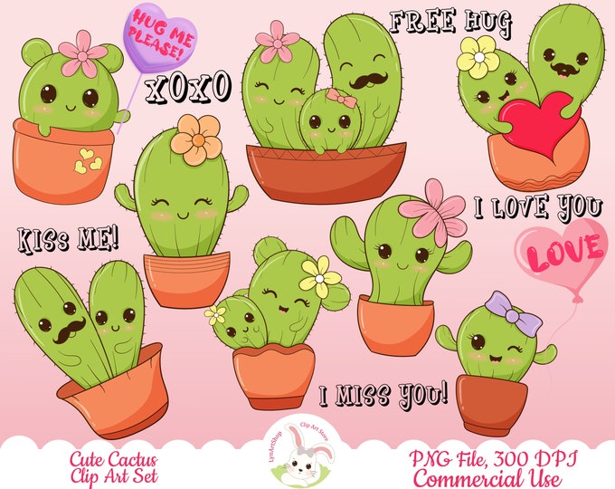 Kawaii Cactus Clipart Set, Cactus Illustration Set, Cute Succulent ...