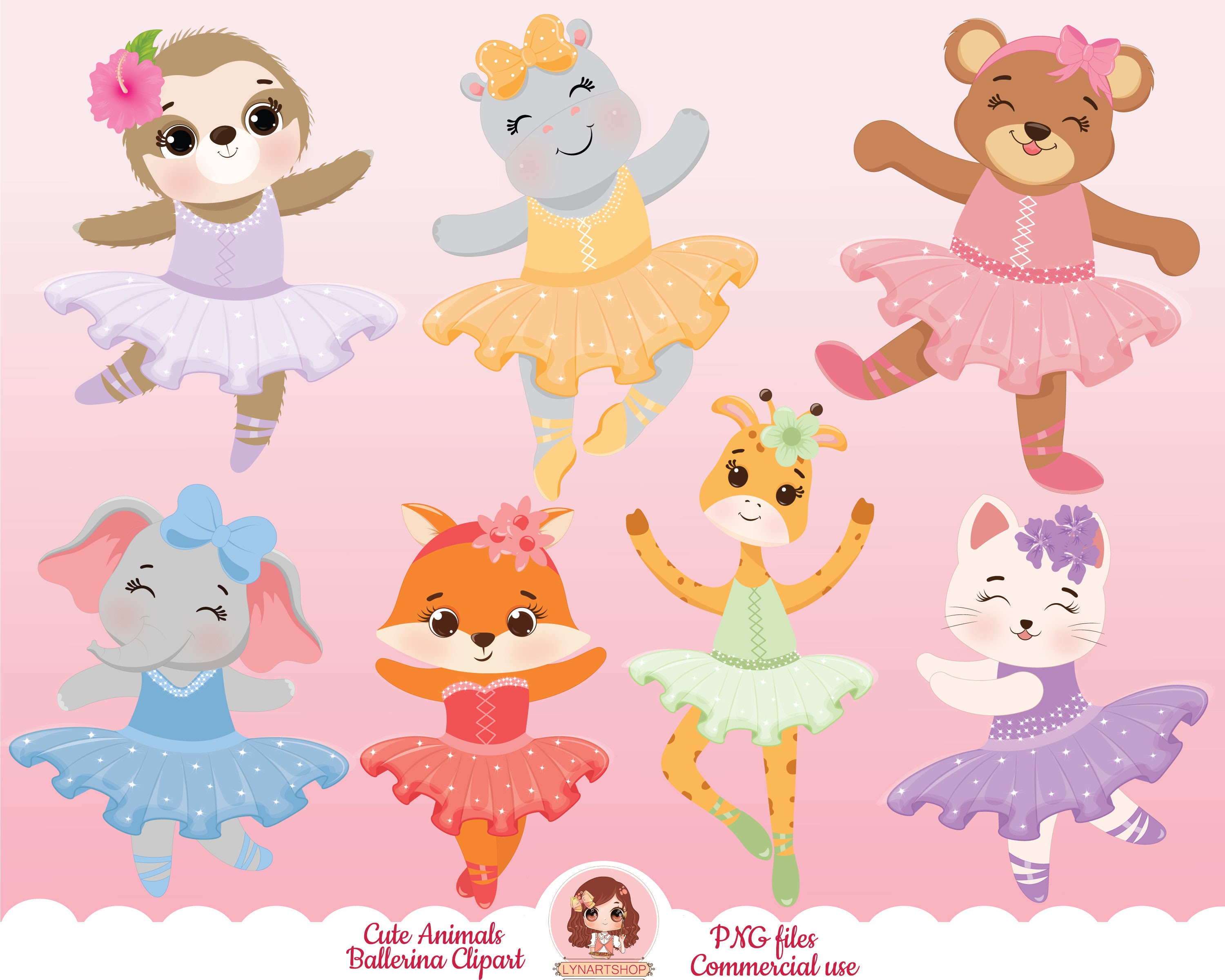 Cute Animals Ballerina Clipart, Safari Animals. Jungle, Hippo, Bear ...