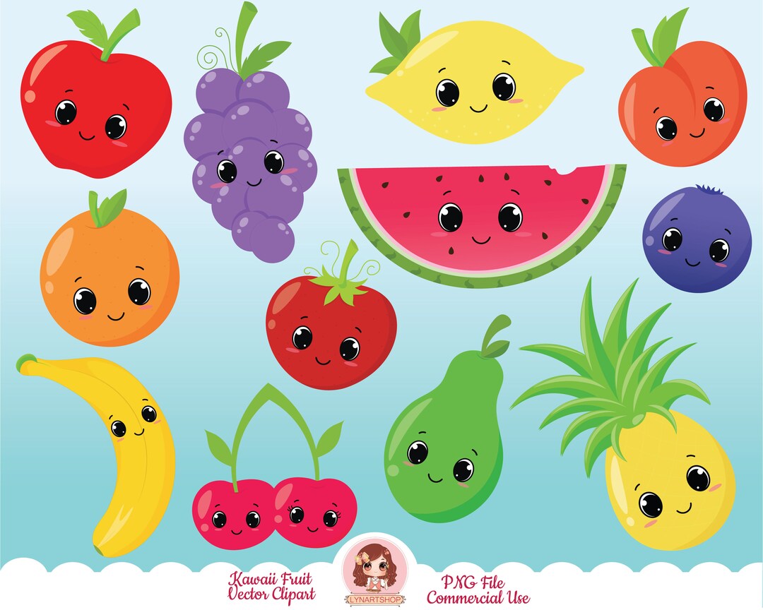 Fruits Clipart PNG, Kawaii Fruits Clipart, Happy Fruit, Digital Clipart ...