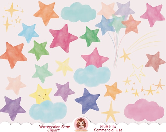 Watercolor Star Clipart Star Clip Art PNG Cloud Cute Stars - Etsy