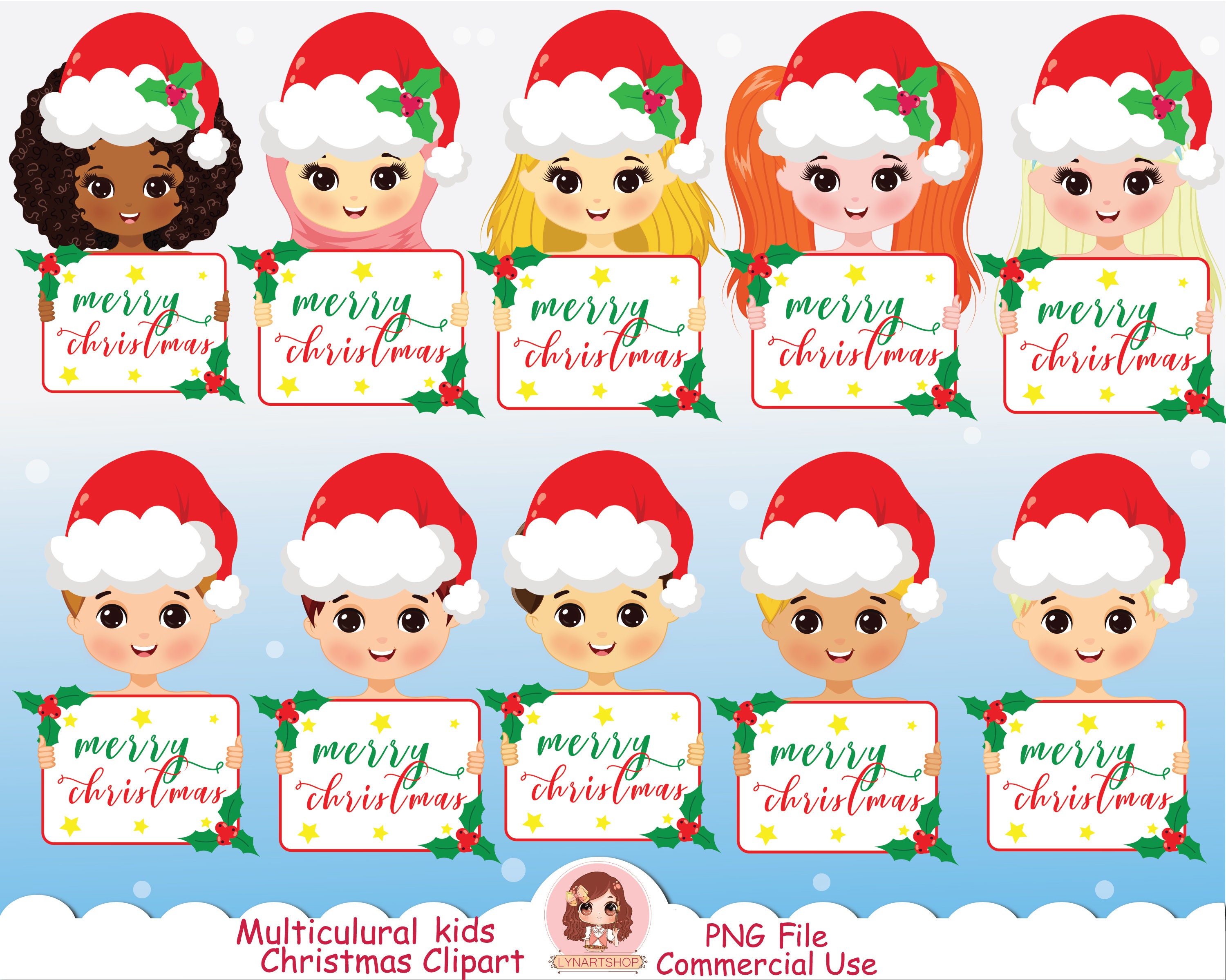 Multicultural Kids Holding Christmas Board, Kids Clipart, Xmas ...