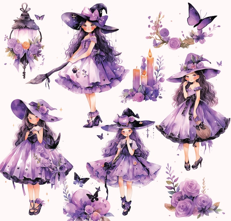 Watercolor Witch Purple, Gothic Clip Art PNG, Witches Clip Art, Pruple ...