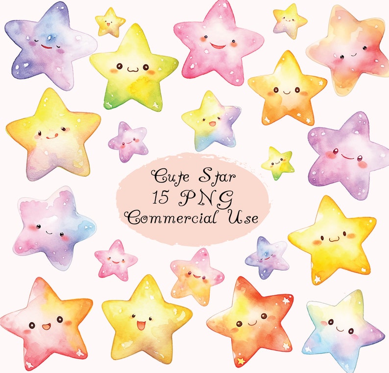 Cute Smiley Stars Clipart PNG, Star Clip Art, Nursery Theme, Watercolor ...
