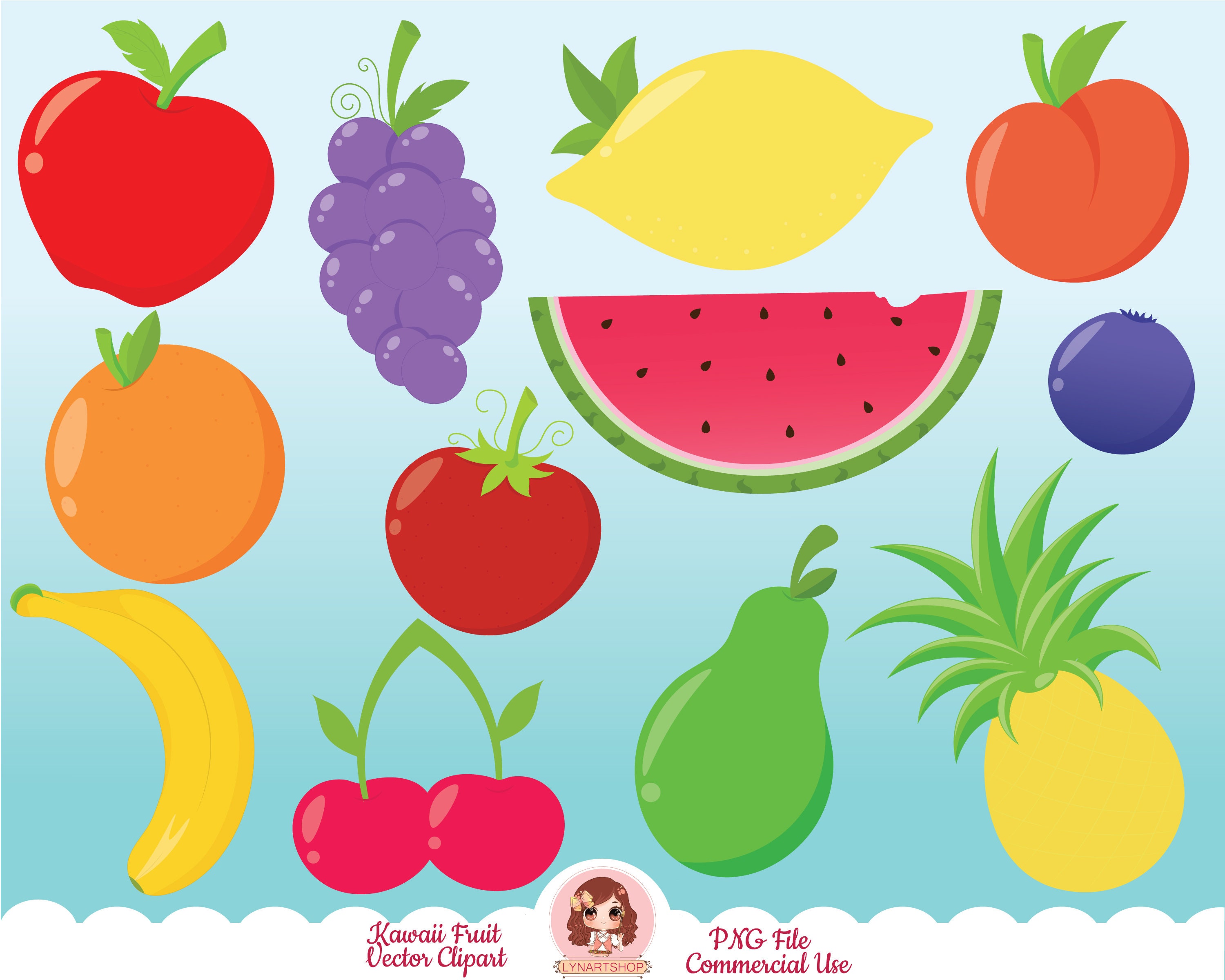 Fruits Clipart PNG, Kawaii Fruits Clipart, Happy Fruit, Digital Clipart ...