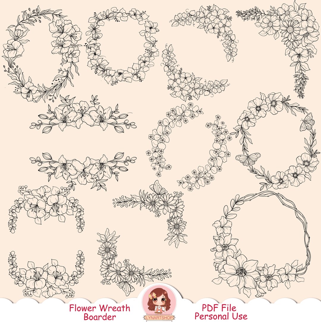 Flower Wreath Borders PNG, Floral Doodle, Line Art, Black and White ...