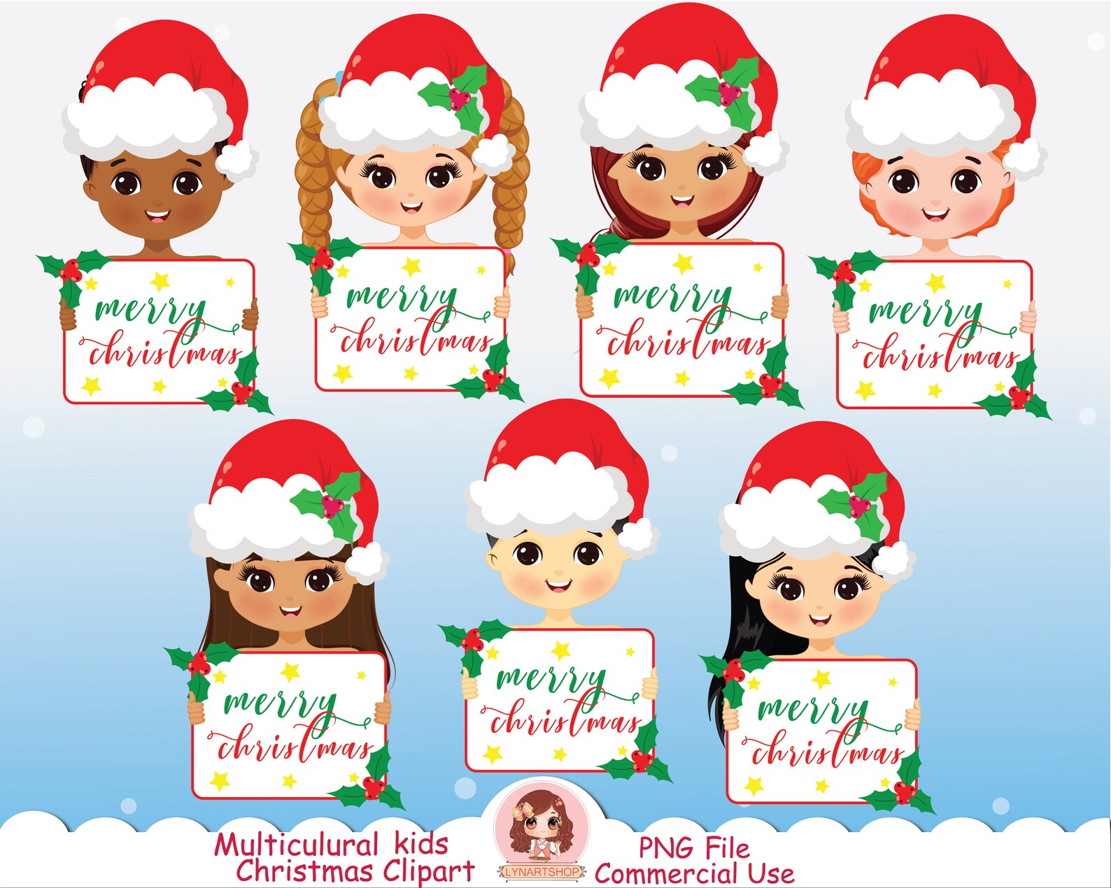 Multicultural Kids Holding Christmas Board, Kids Clipart, Xmas ...