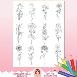 Birth Month Flower Book Marks, Printable Bookmark, Flower Coloring ...