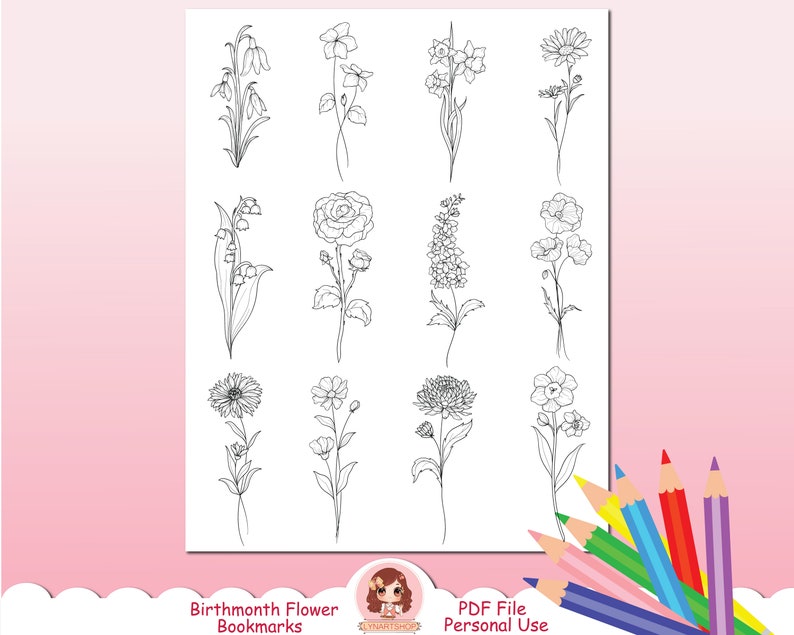 Birth Month Flower Book Marks, Printable Bookmark, Flower Coloring ...