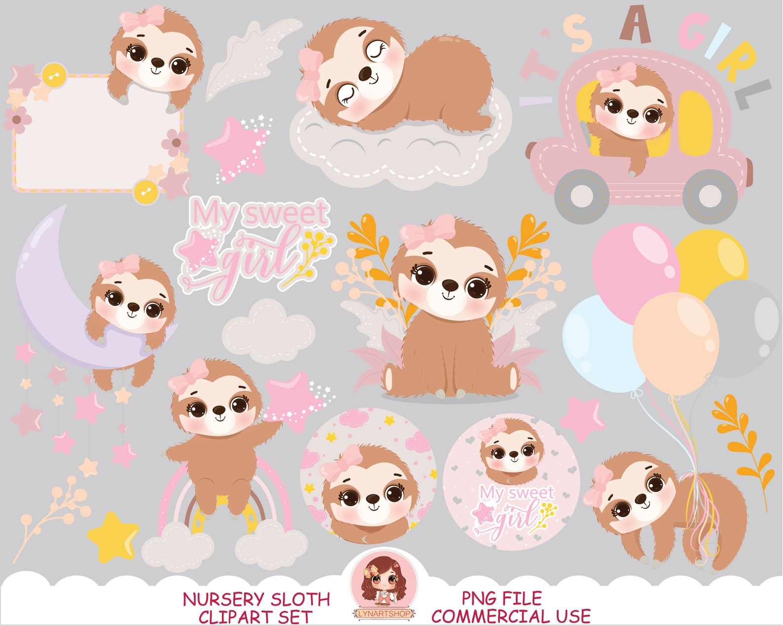 Cute Baby Girl Sloth Clipart PNG Sloths Clip Art Nursery - Etsy