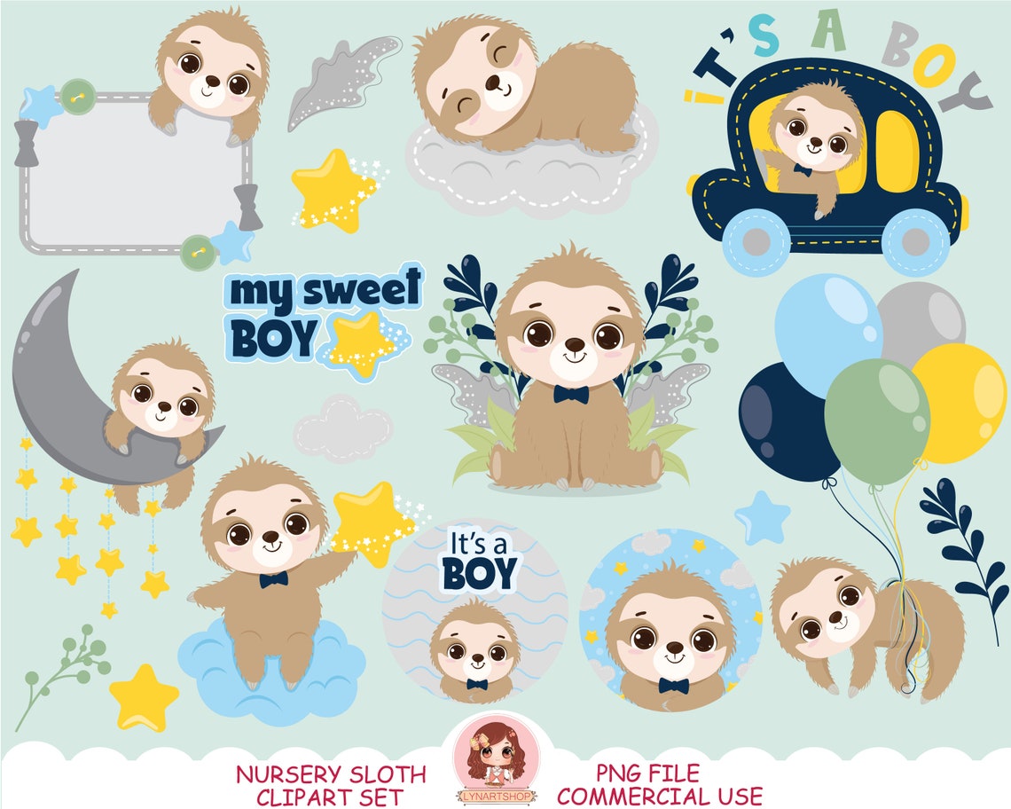 Cute Baby Boy Sloth Clipart PNG Sloths Clip Art Nursery Clip - Etsy