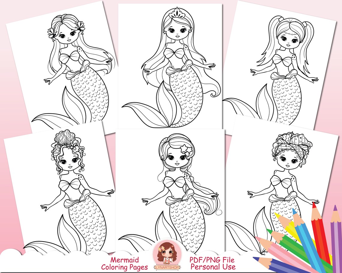 Cute Mermaid Coloring Pages for Kids, Mermaids Digital Stamp, Black and ...